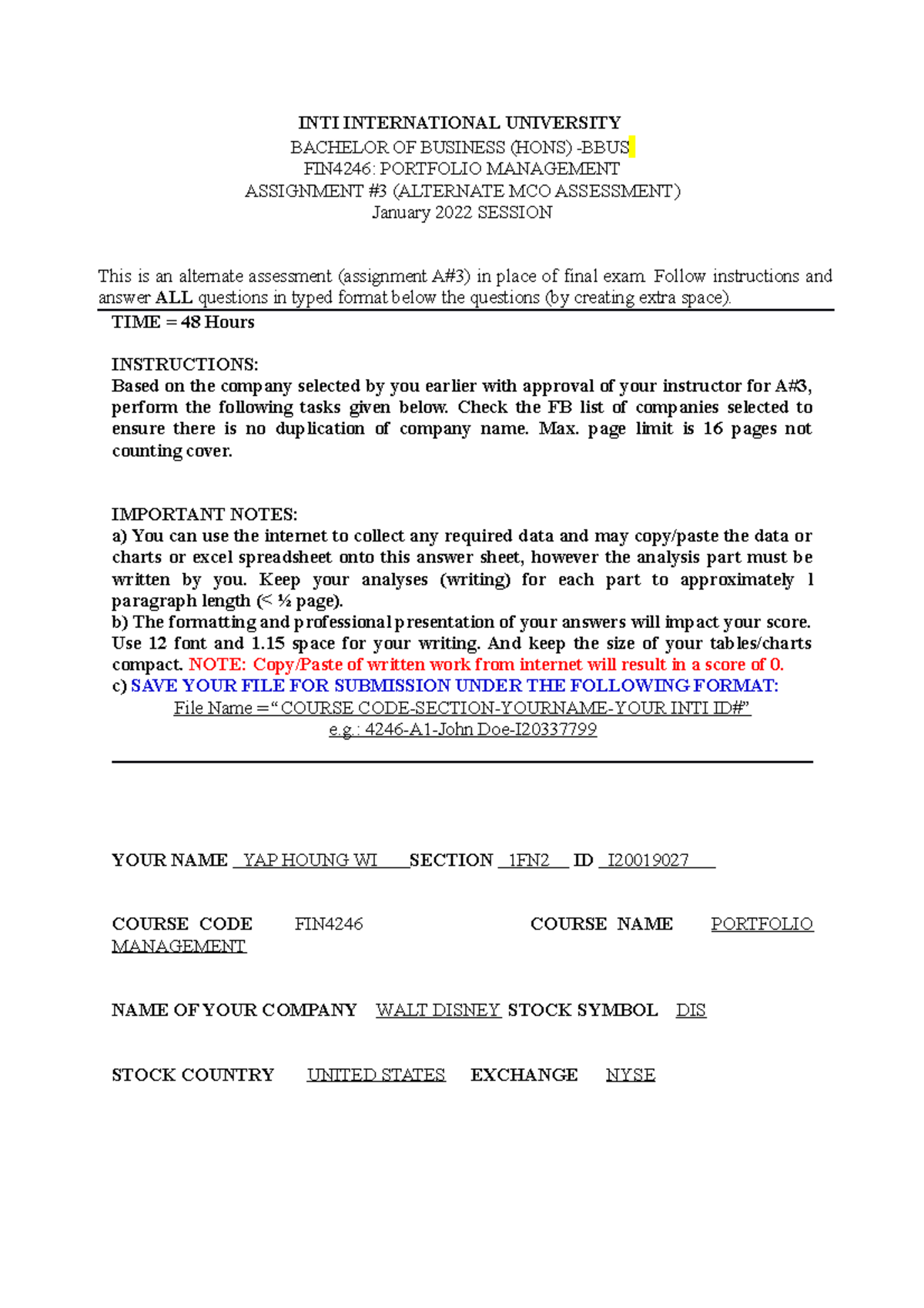 Final Exam FIN4246 - Walt Disney - INTI INTERNATIONAL UNIVERSITY ...