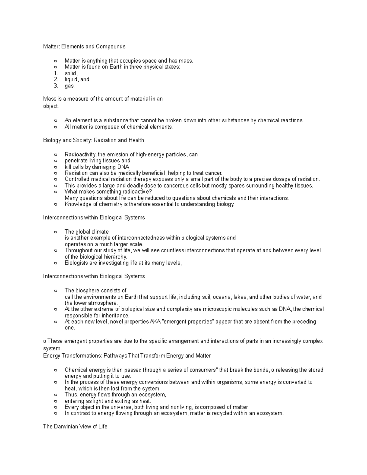 BSC Lecture Notes: Matter, Biological Systems, and Evolution Concepts ...