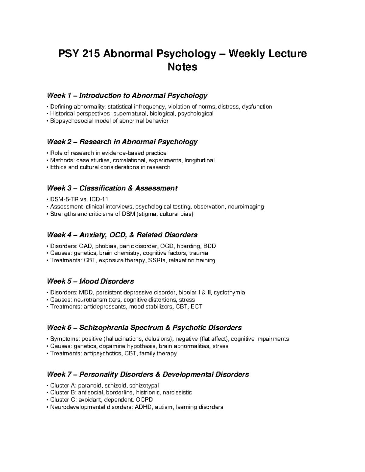 PSY 215 Abnormal Psychology Weekly Lecture Notes Overview - Studocu