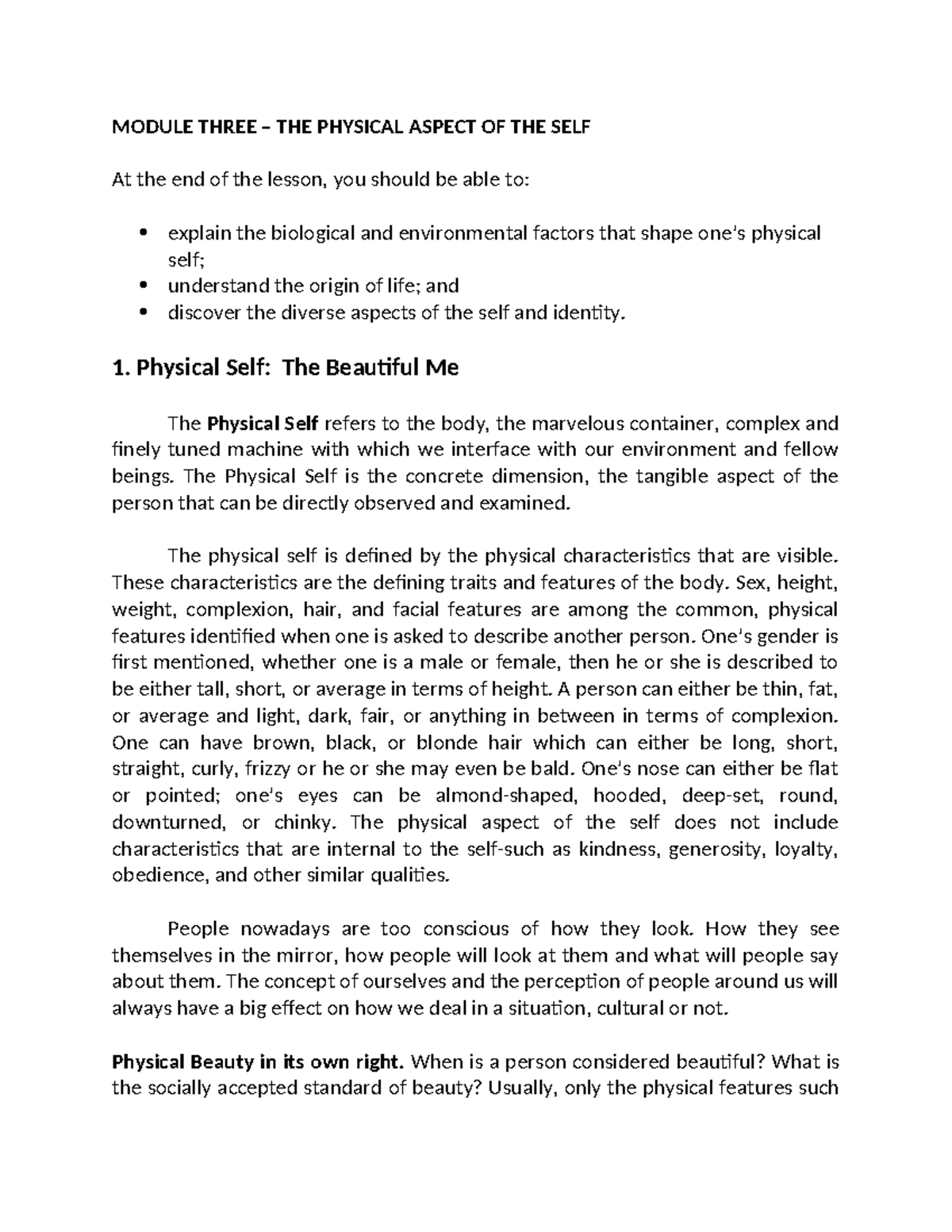 UTS Lecture Module 3 - UTS - MODULE THREE – THE PHYSICAL ASPECT OF THE ...