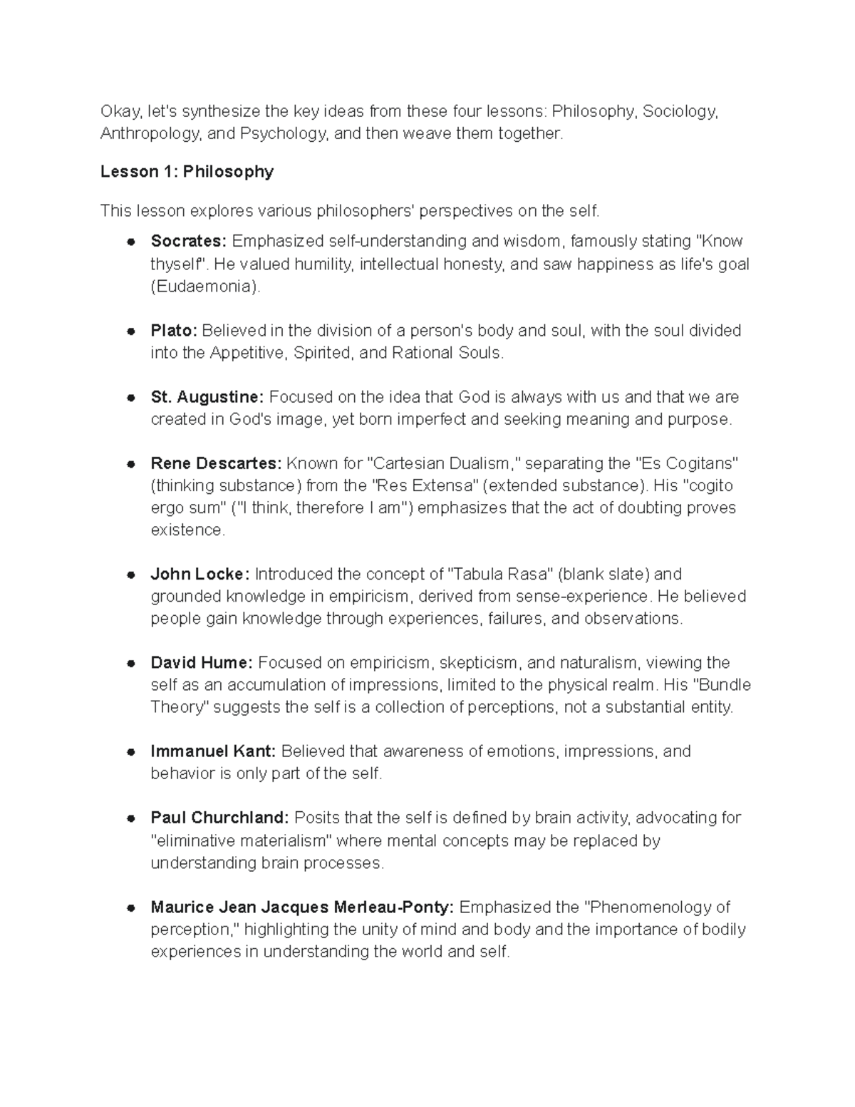 UTS L1-4 - Understanding the self, lesson 1- 4 notes - Okay, let's ...