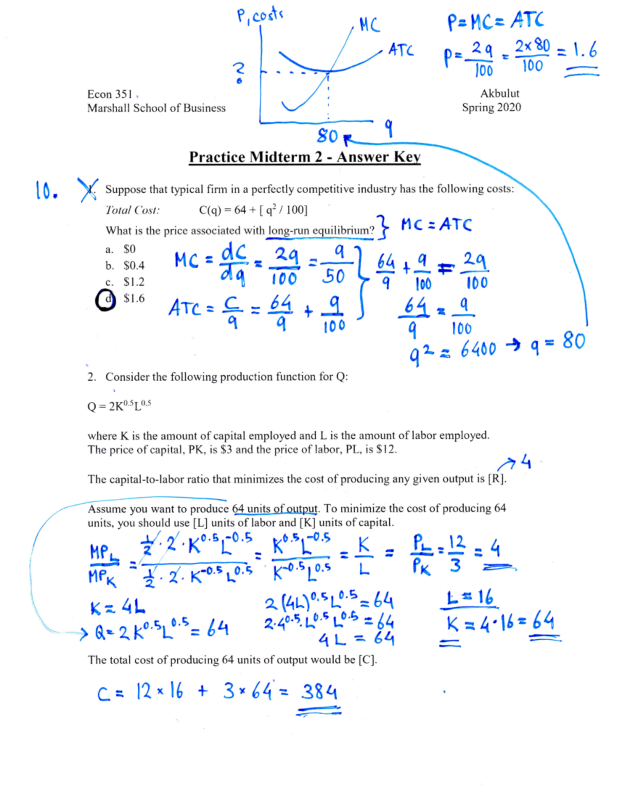 Econ 351 Practice Midterm 2 Answer Key - Spring 2020 - Studocu