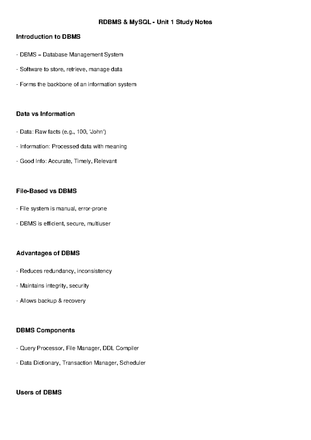 RDBMS MySQL Unit 1 Study Notes: Introduction to DBMS - Studocu