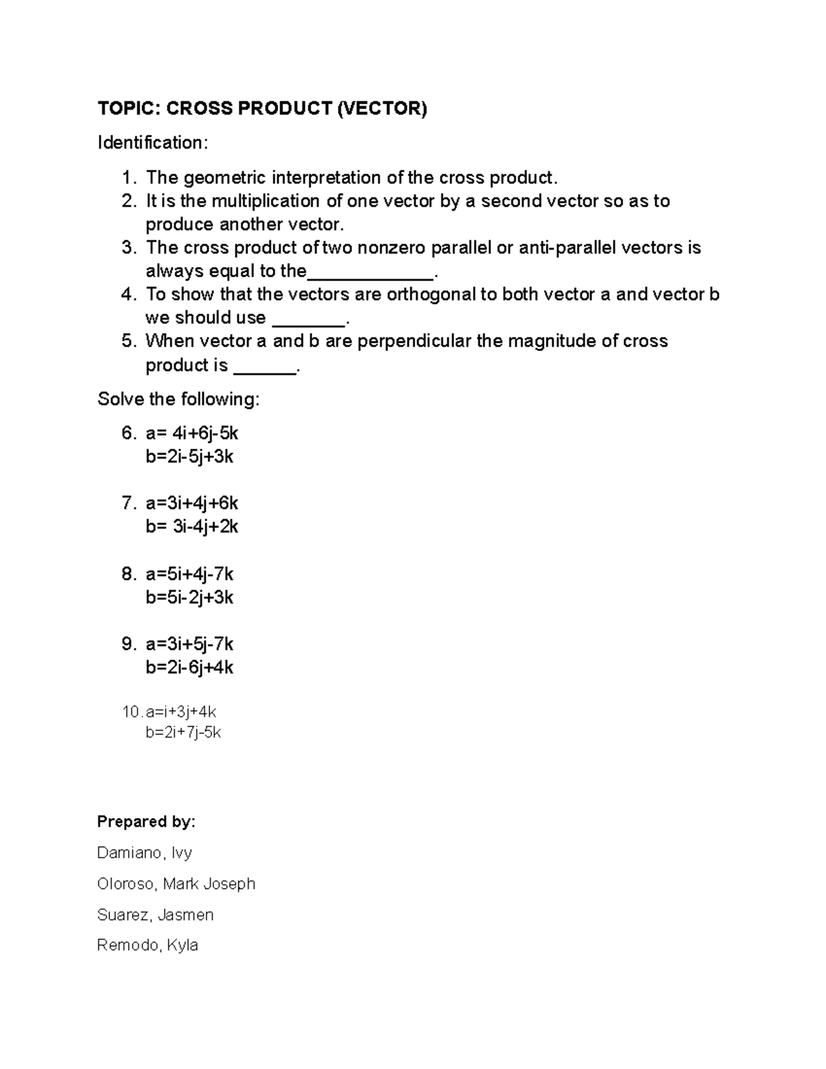 Vector Cross Product Topic Cross Product Vector Identification