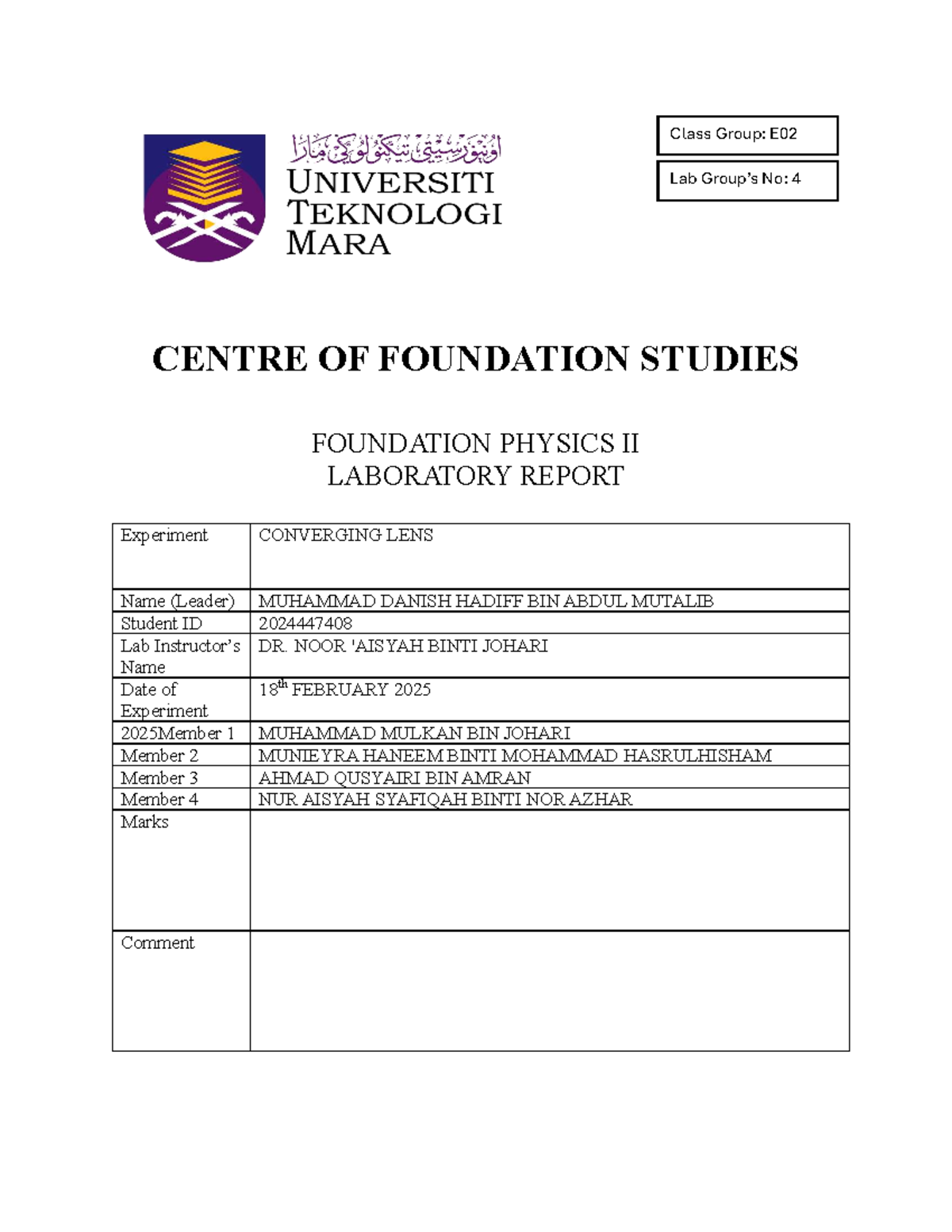 lab report converging lens - CENTRE OF FOUNDATION STUDIES FOUNDATION ...