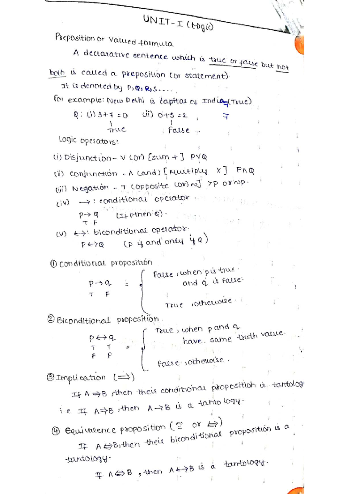 Maths UNIT I: Prepositions, Truth Tables, and Logical Operators - Studocu
