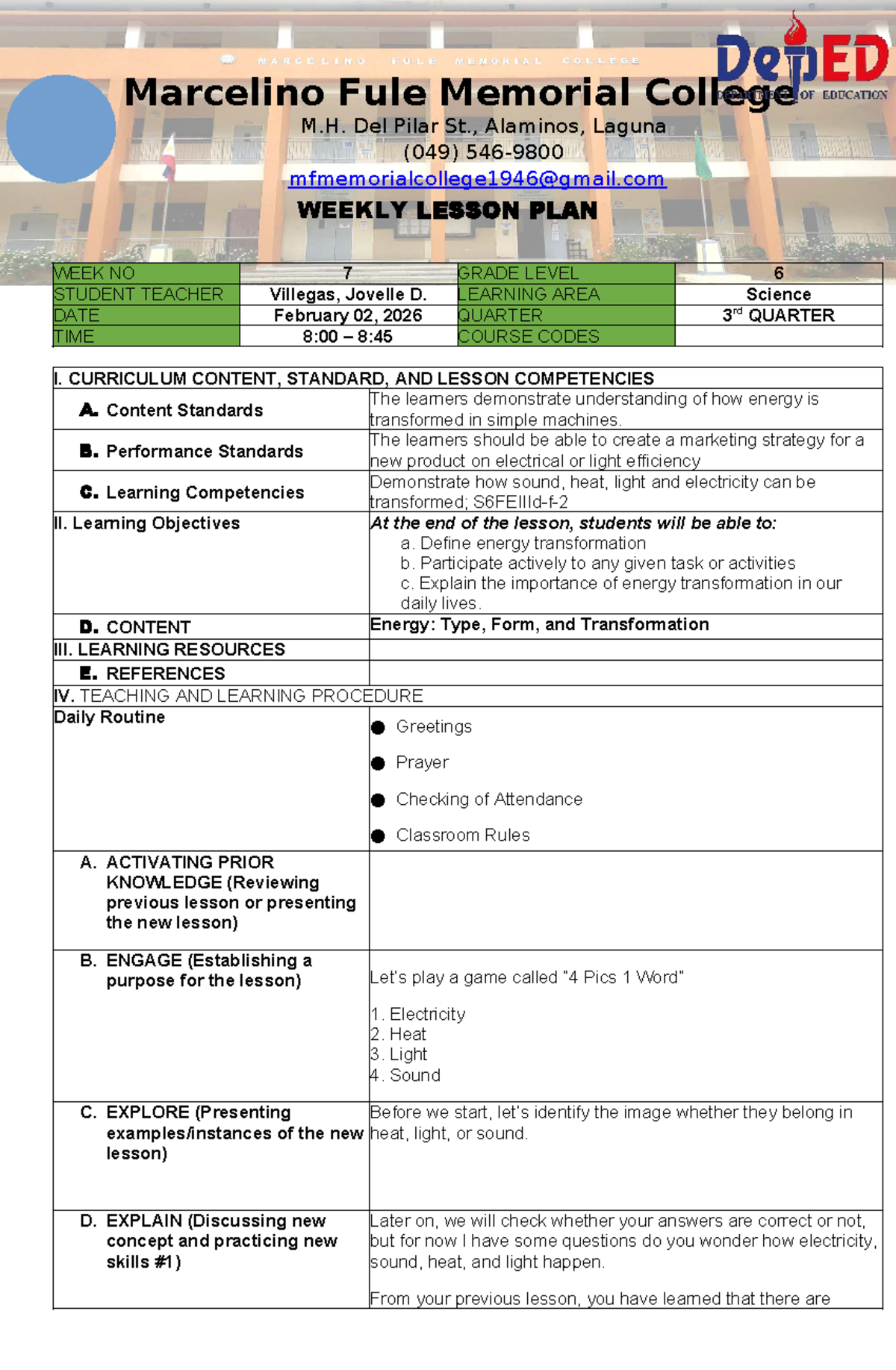 6th Grade Science Lesson Plan: Energy Transformation (3rd Qtr) - Studocu