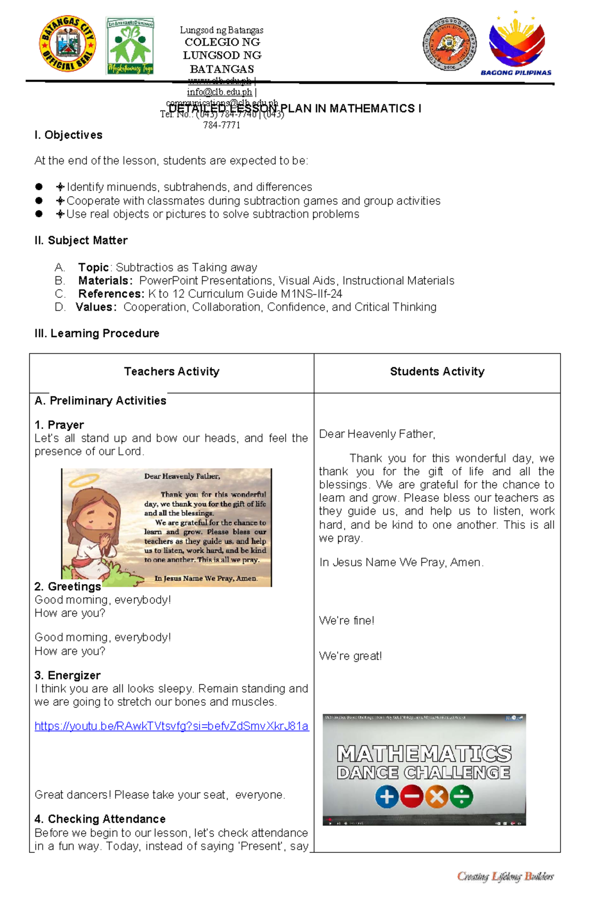 Detailed Lesson Plan in Mathematics I - Subtraction Activities - Studocu