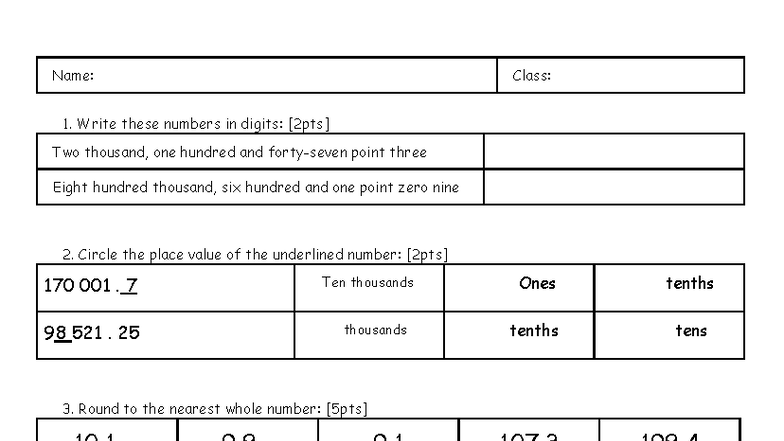 Unit 1 & 2 Math Practice Test: Place Value & Rounding - Studocu