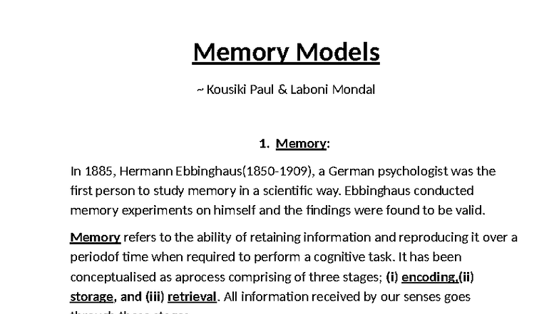Memory Models: Final Notes on Cognitive Processes and Theories - Studocu