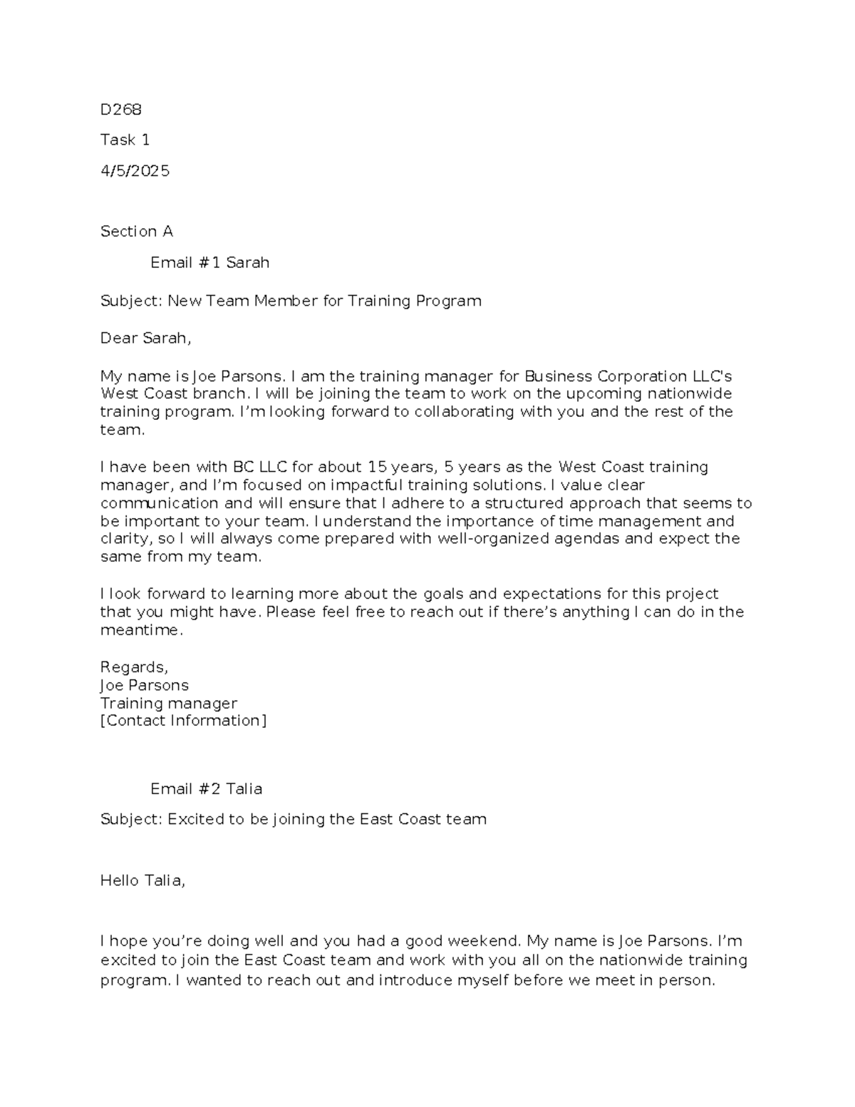 D268 Task 1 - Email Communication Styles for Team Integration - Studocu