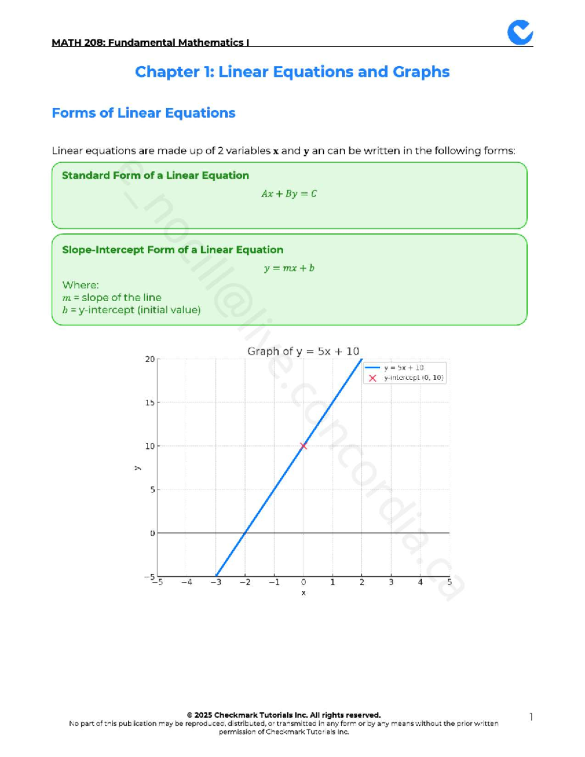 MATH 208: Fundamental Mathematics I Midterm Study Guide on Linear ...