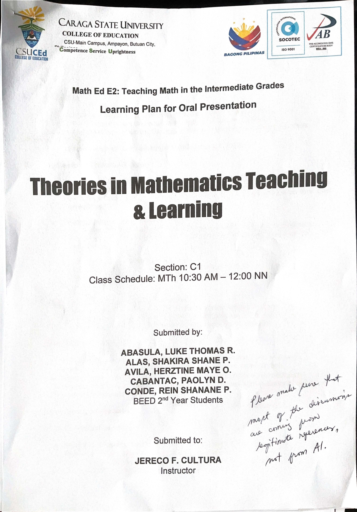 Math Ed E2: Learning Plan for Teaching Math Theories in Intermediate ...