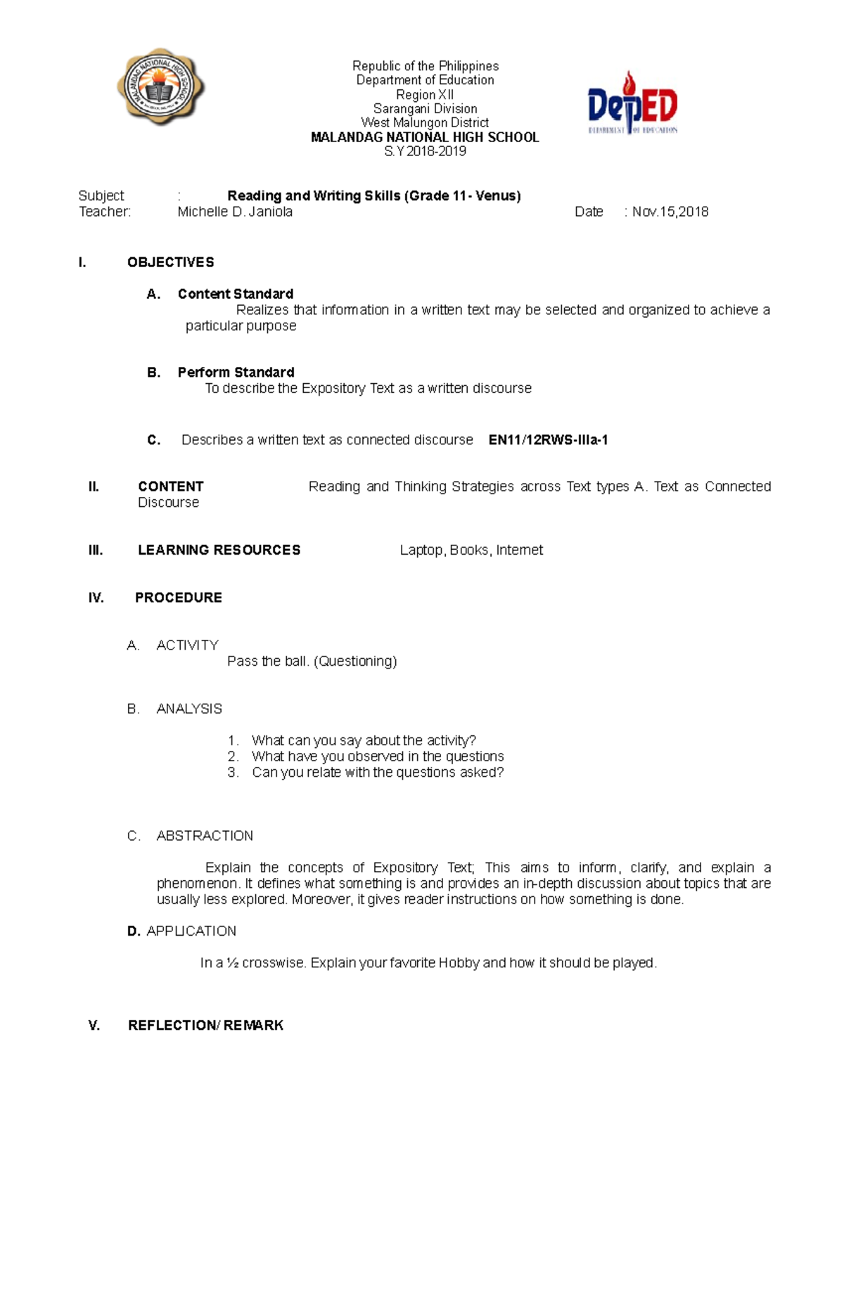 LESSON PLAN- READING AND WRITING DAY3 - Republic of the Philippines ...