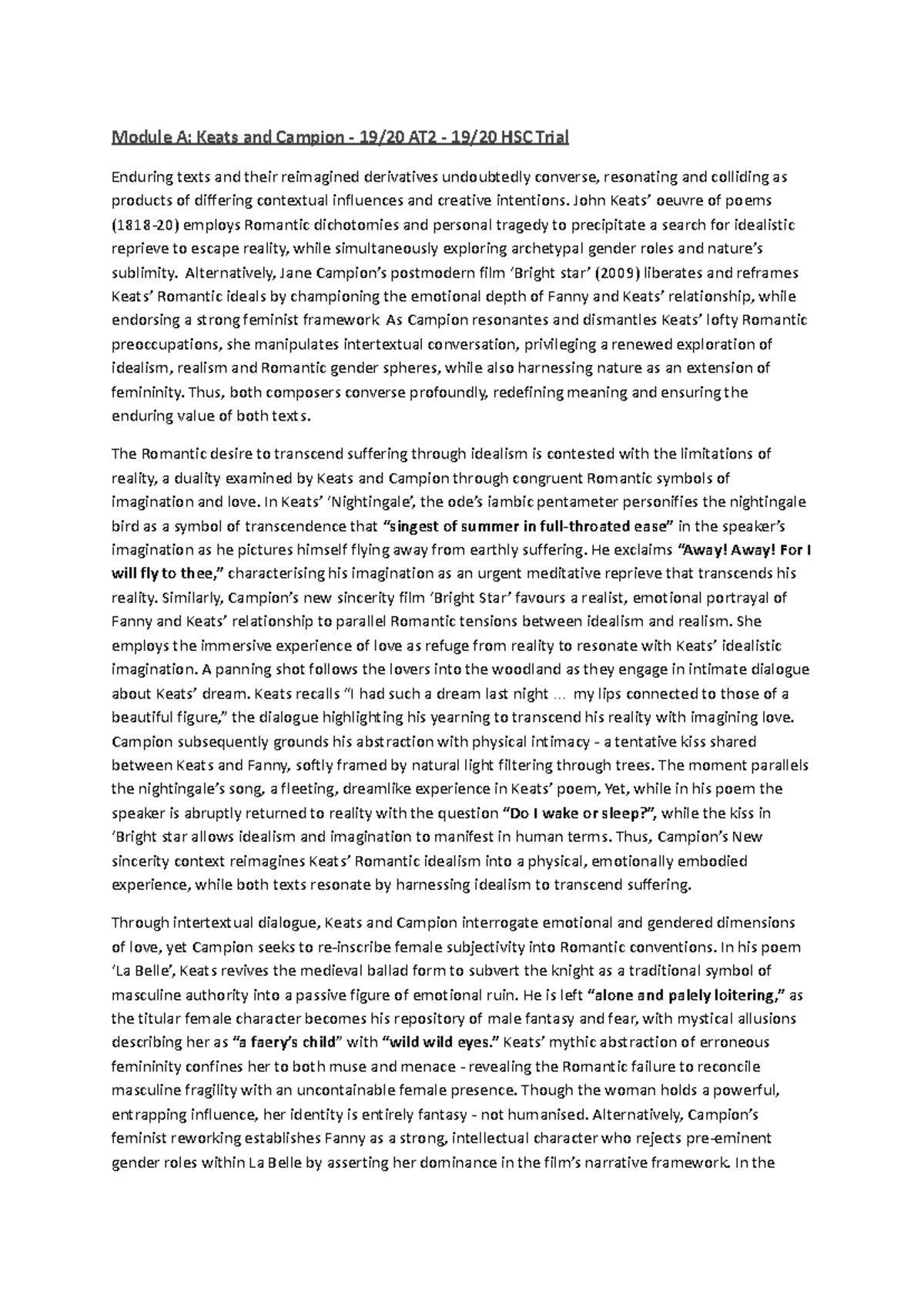 Keats and Campion: AT2 HSC Trial Essay on Enduring Texts - Studocu