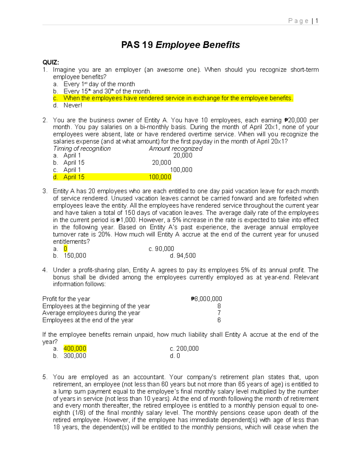 Employee Benefits Quiz: Key Concepts and Solutions (Course Code: PAS 19 ...