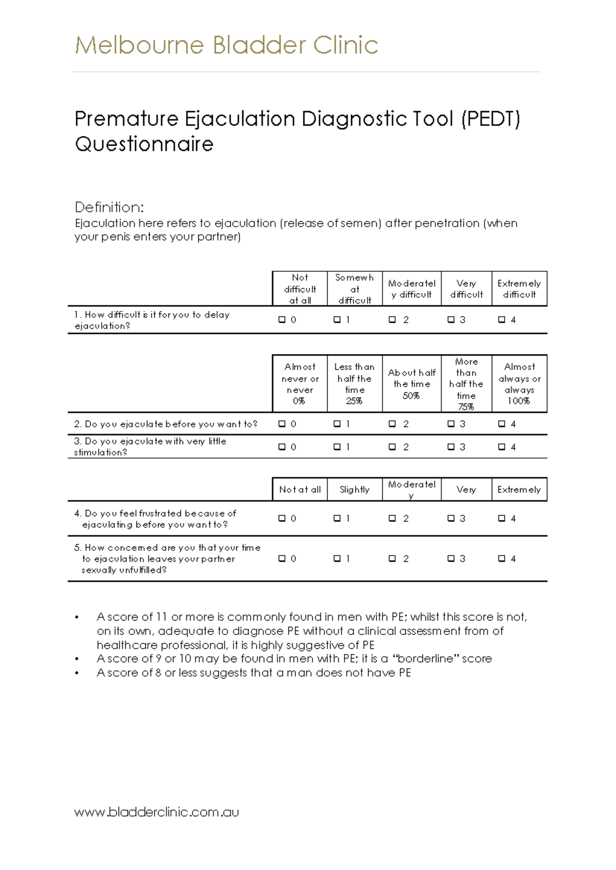 Premature Ejaculation Diagnostic Tool (PEDT) Questionnaire Guide - Studocu