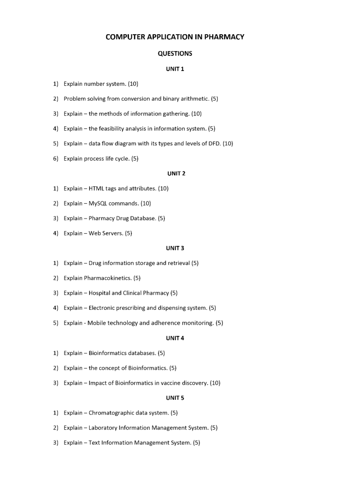 Computer Application in Pharmacy Assignment Questions (Unit-wise) - Studocu