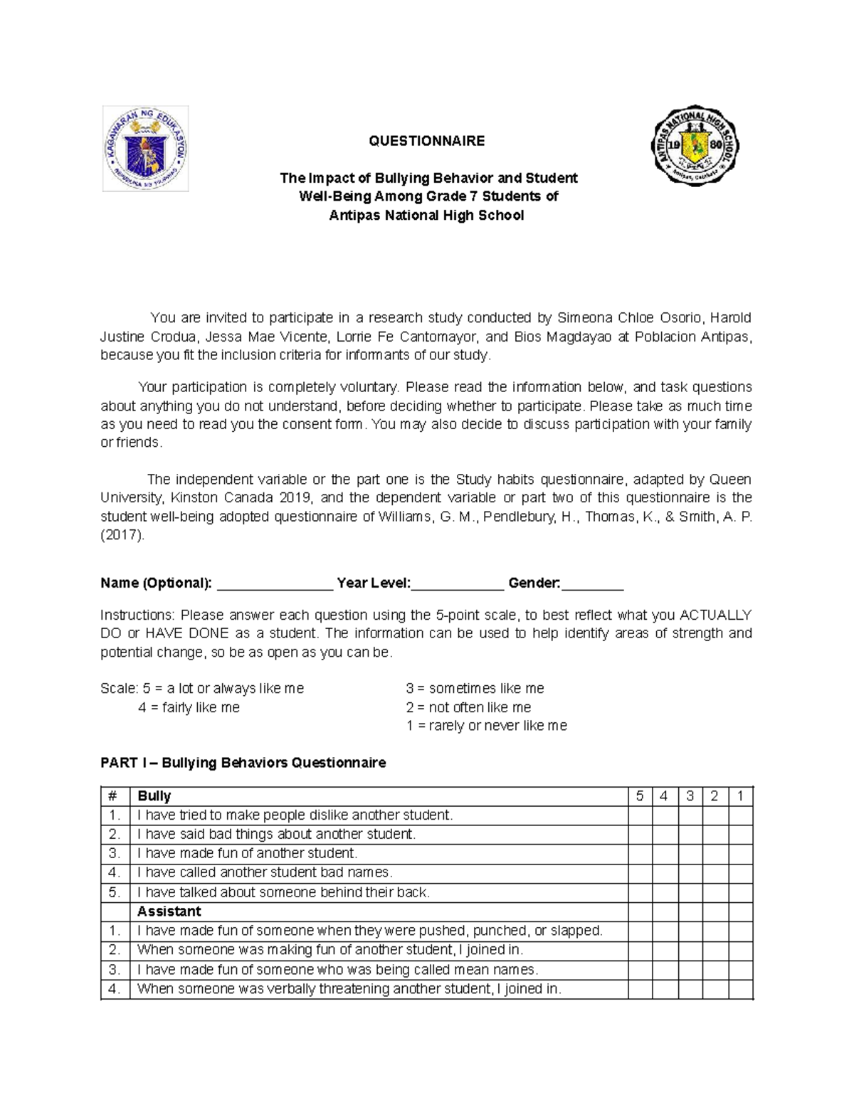 Impact of Bullying Behavior on Grade 7 Student Well-Being: A ...