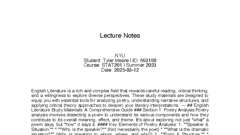 STAT201 Summer 2023: Comprehensive English Literature Lecture Notes ...