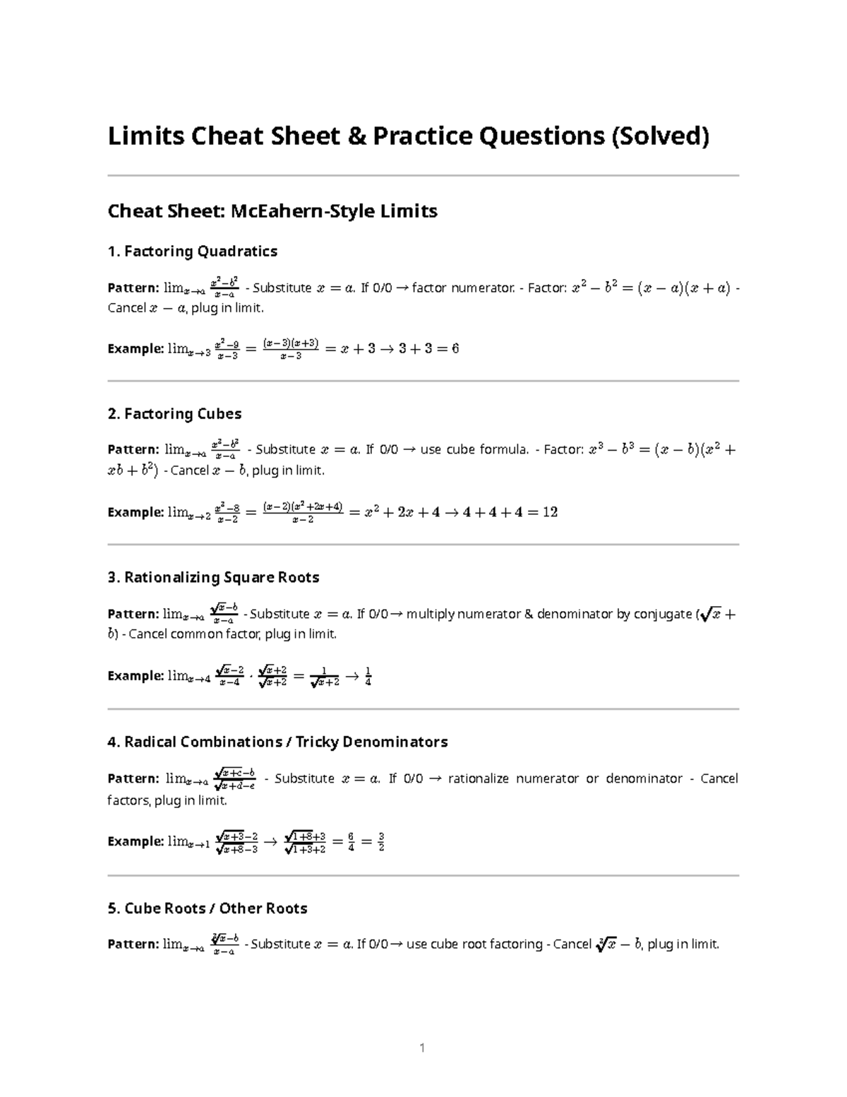 Limits Cheat Sheet Practice Questions (Solved) - Studocu