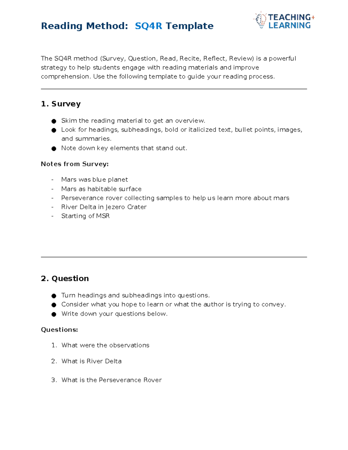 SQ4R Reading Method Template for Enhanced Comprehension - Studocu