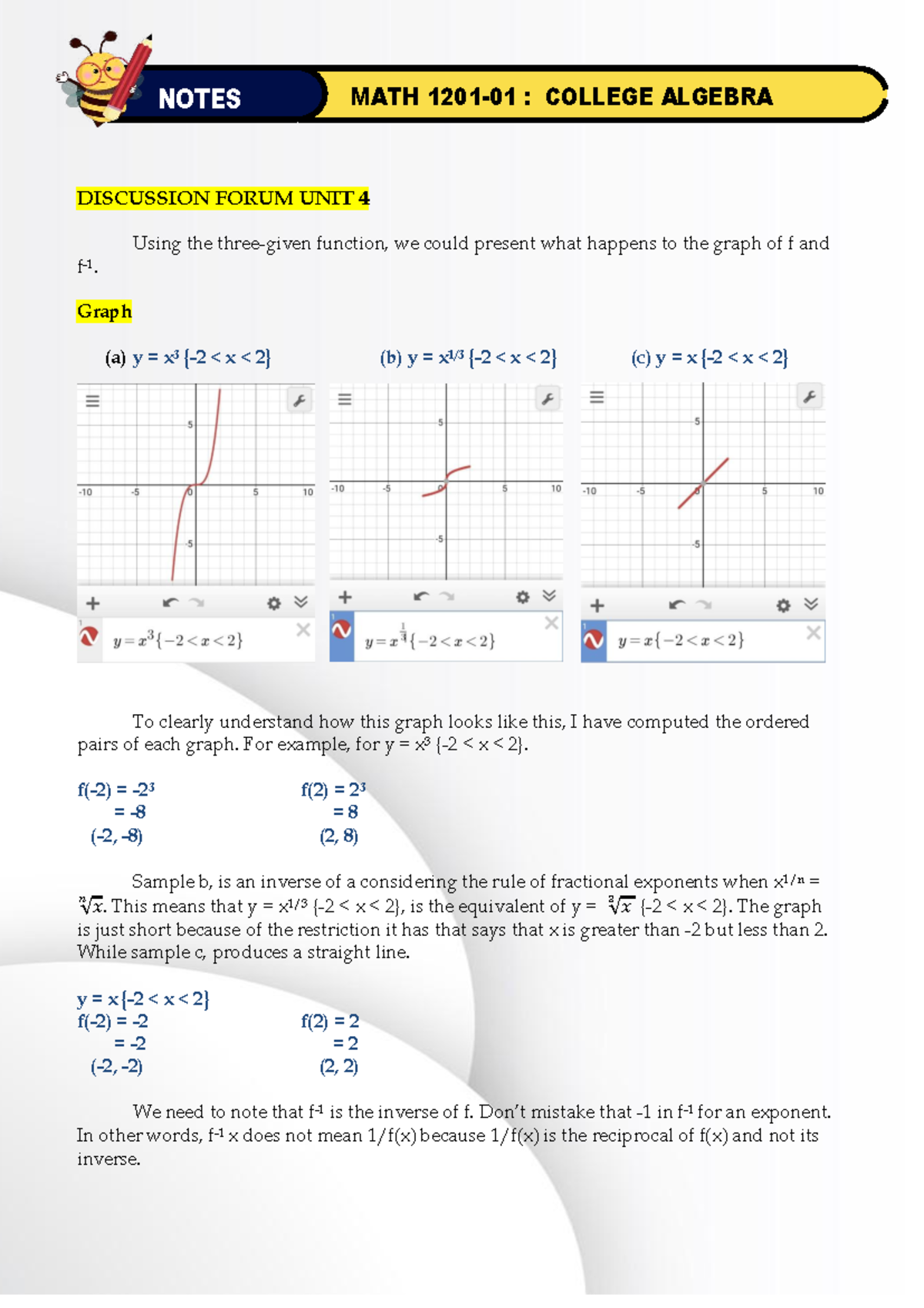 MATH 1201-01 Discussion Assignment: Exploring Functions in Unit 4 - Studocu