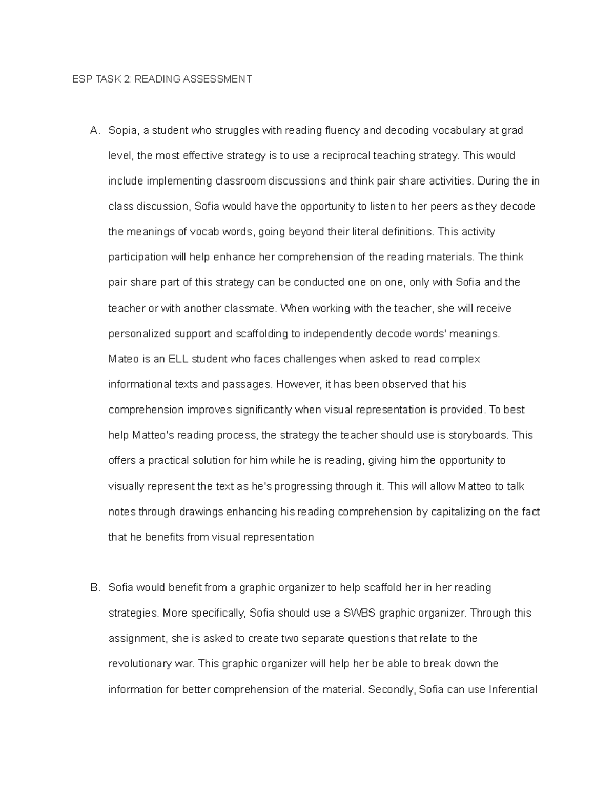 ESP Task 2 - Reading Strategies for ELL and Struggling Students - Studocu