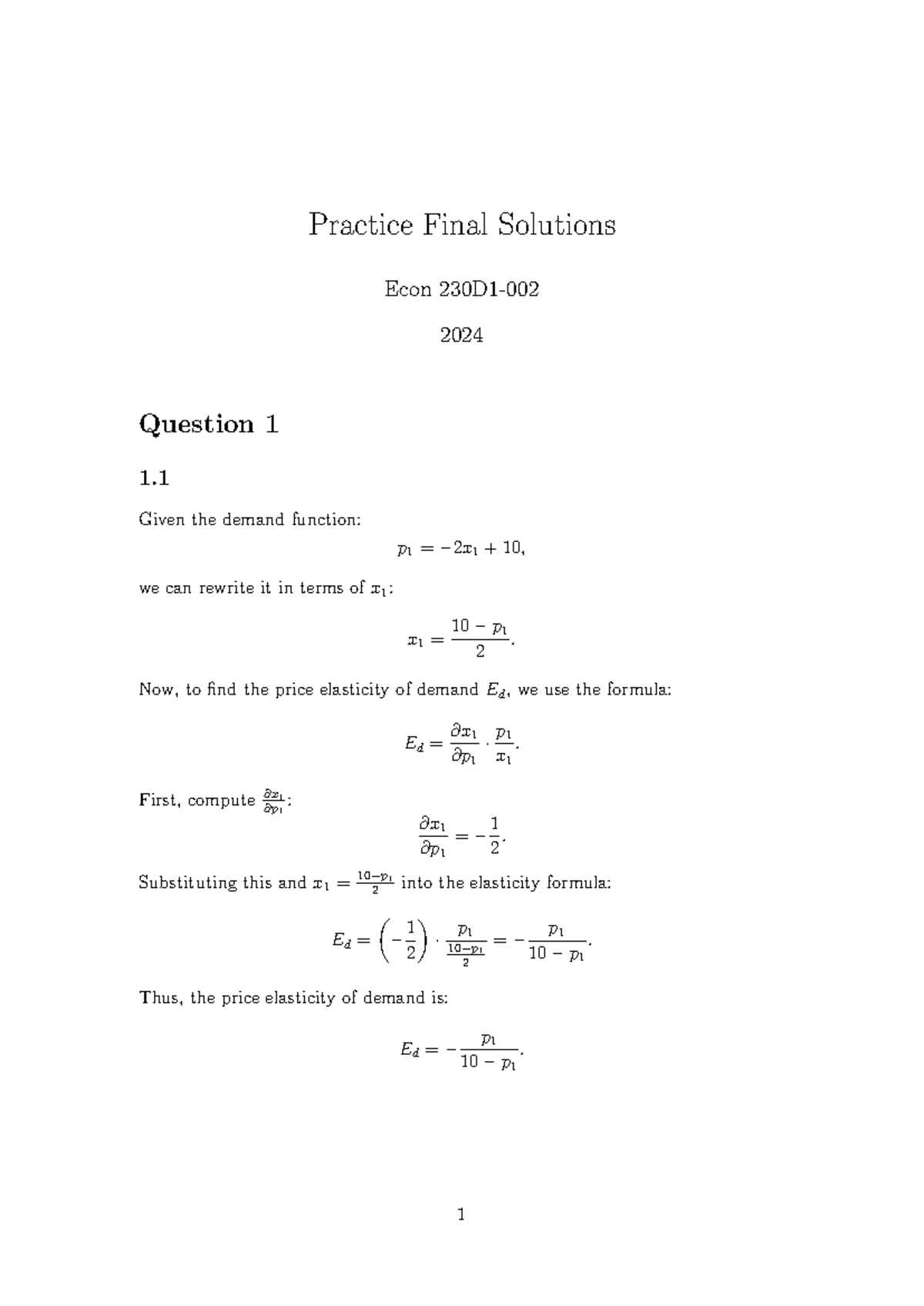 Econ 230D1 002 Practice Final Exam Solutions 2024 - Studocu