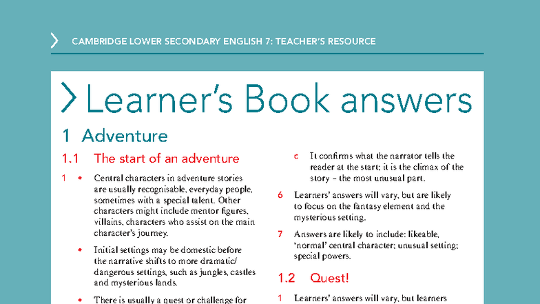 CAMBRIDGE LOWER SECONDARY ENGLISH 7: RESOURCE Book Answers and Insights ...