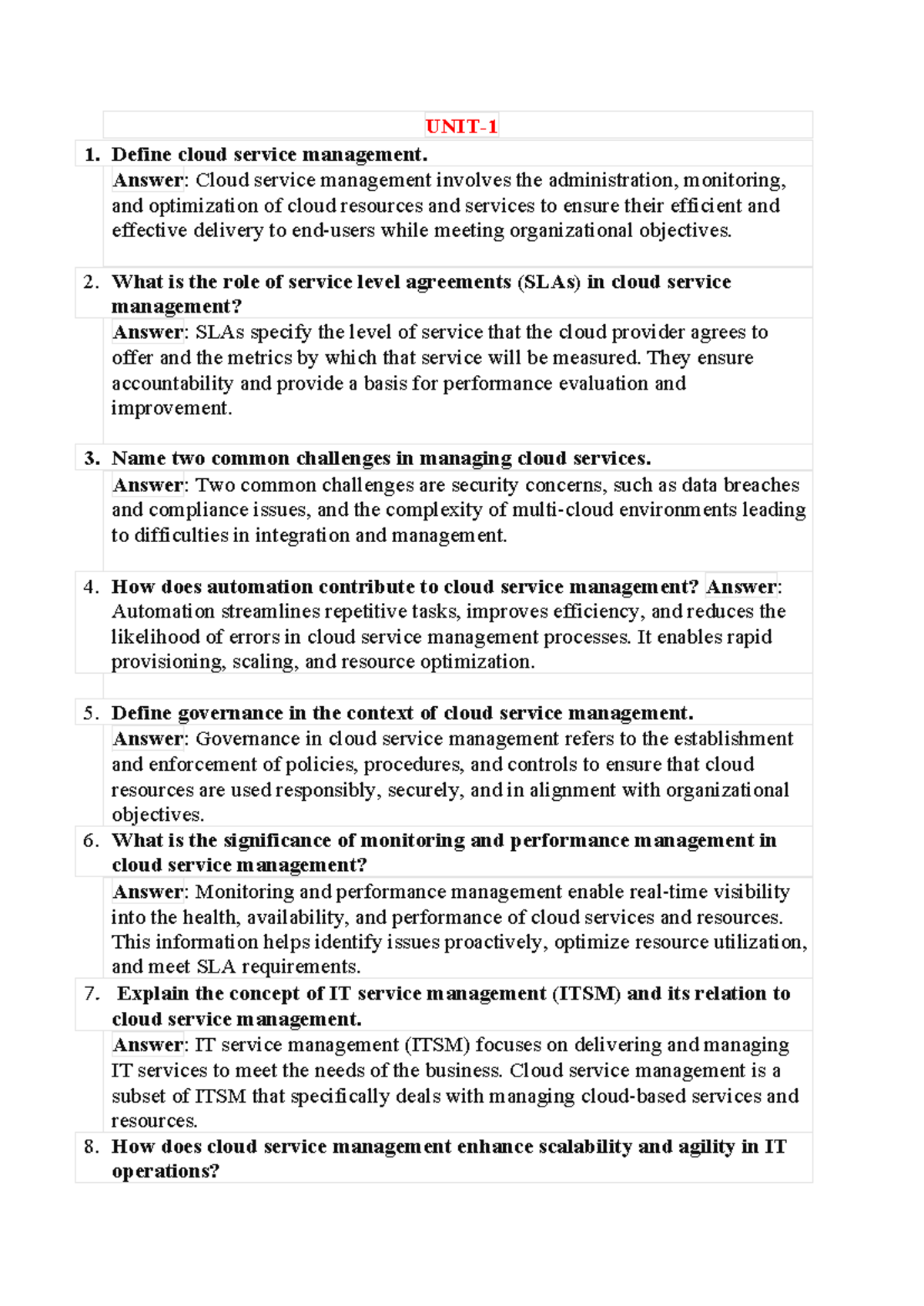 CSM 2 Marks - Ccs336 Study Notes on Cloud Service Management Concepts ...