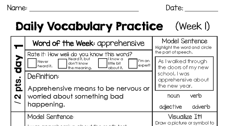 Daily Vocabulary Practice: Word of the Week - Apprehensive - Studocu