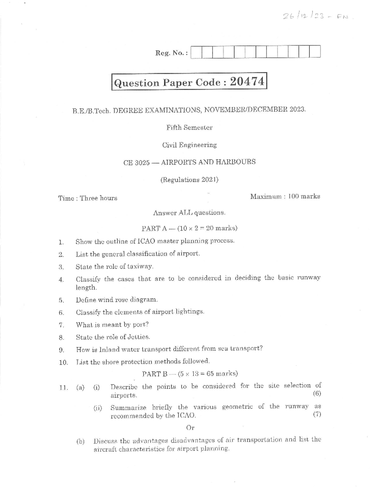 CE 3025 - Airports and Harbours Final Examination Paper 2023 - Studocu