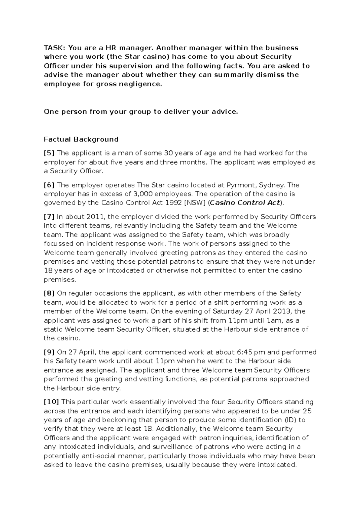 HR Case Study: Summary Dismissal of Security Officer - MAT 101 - Studocu
