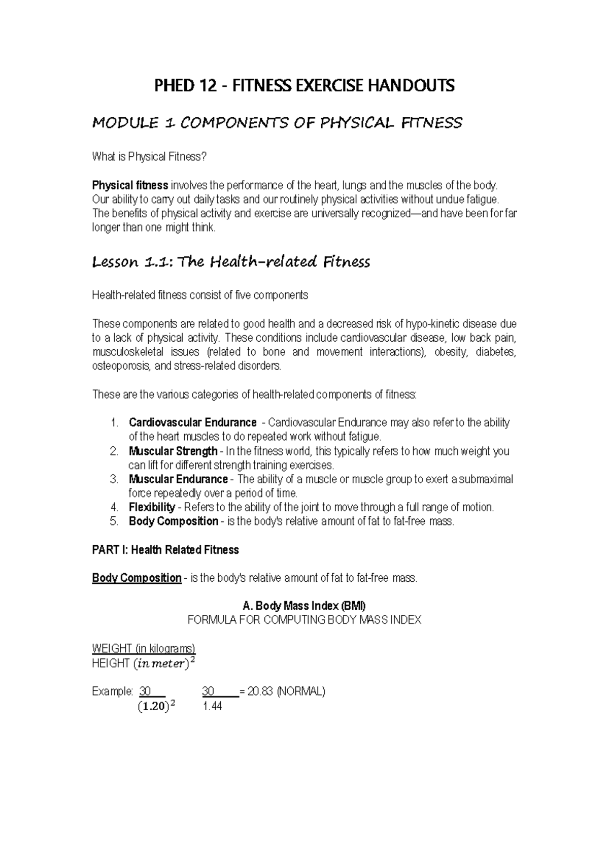 PHED 12 handouts final - PhEd 2n - Fitness Exercise is a comprehensive ...
