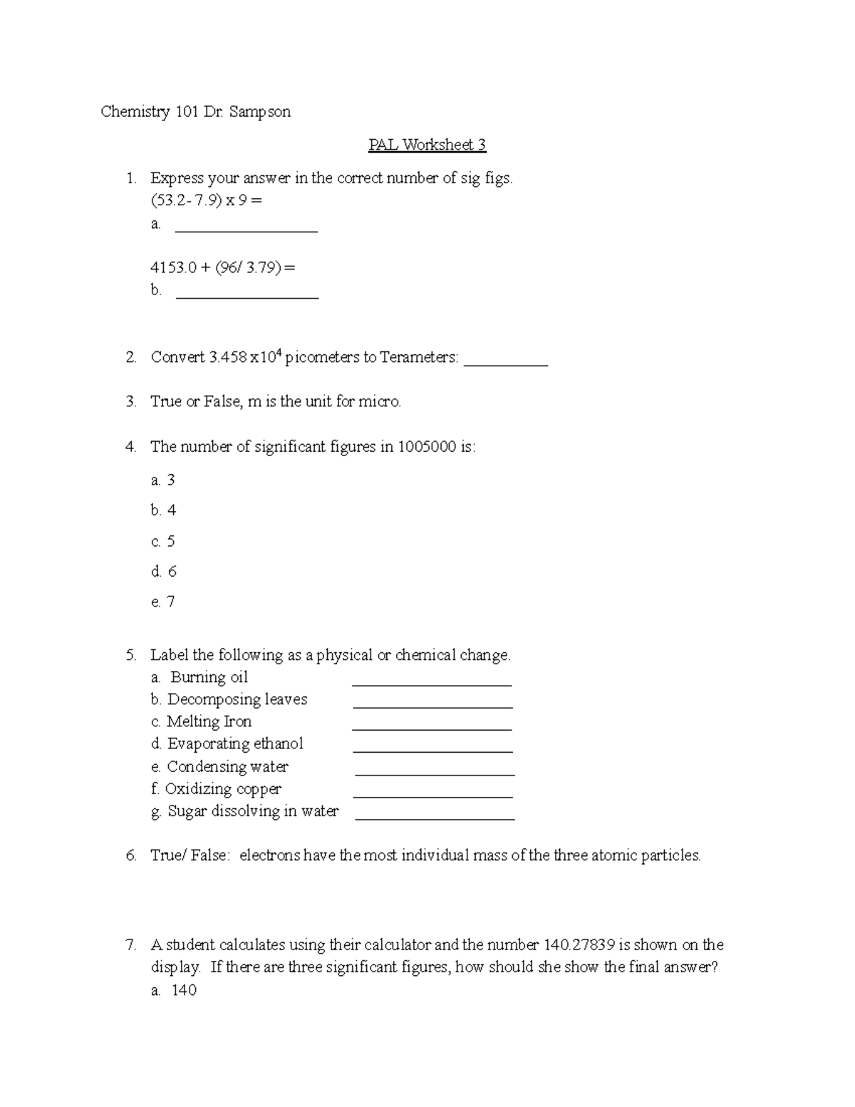 Chemistry 101 (Dr. Sampson) PAL Worksheet 3: Sig Figs & Units Practice ...
