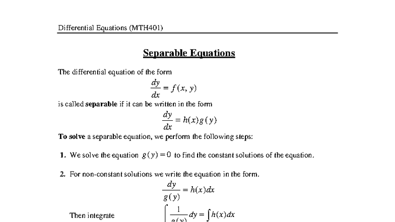 Differential Equations (MTH401) - Separable Equations Explained - Studocu