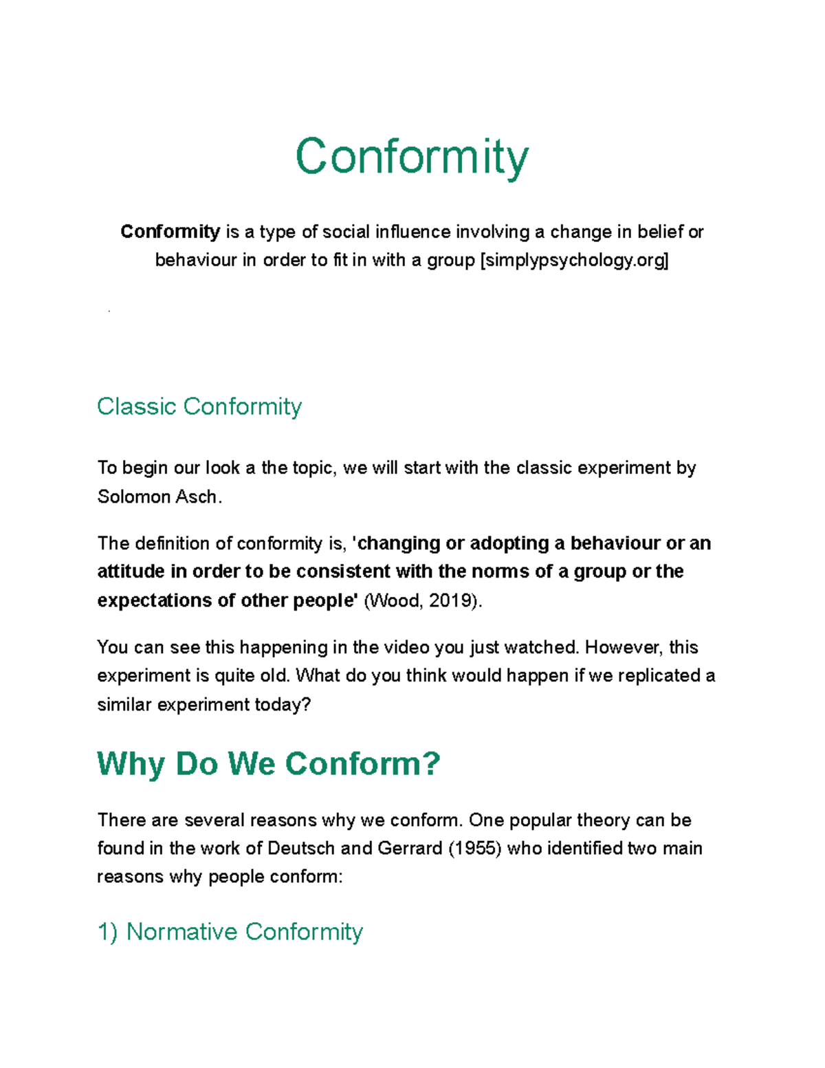 Week 12 Summary -Conformity - Conformity Conformity is a type of social ...