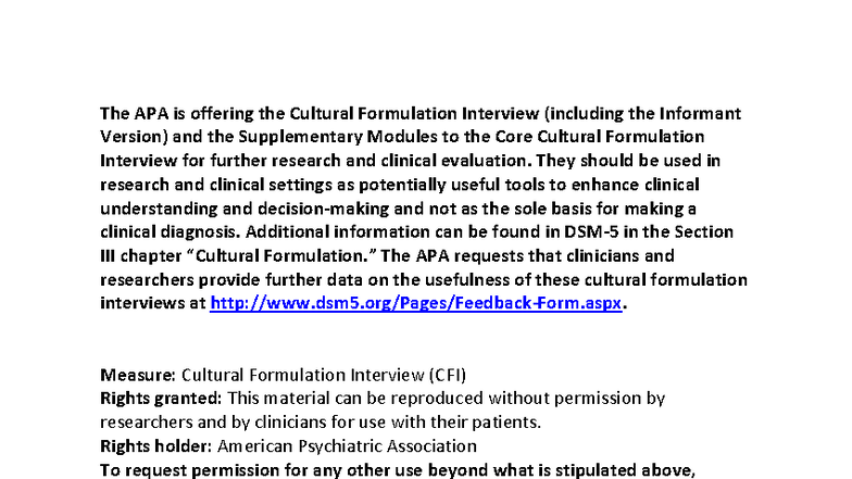 APA DSM5 Cultural Formulation Interview Guide and Instructions - Studocu