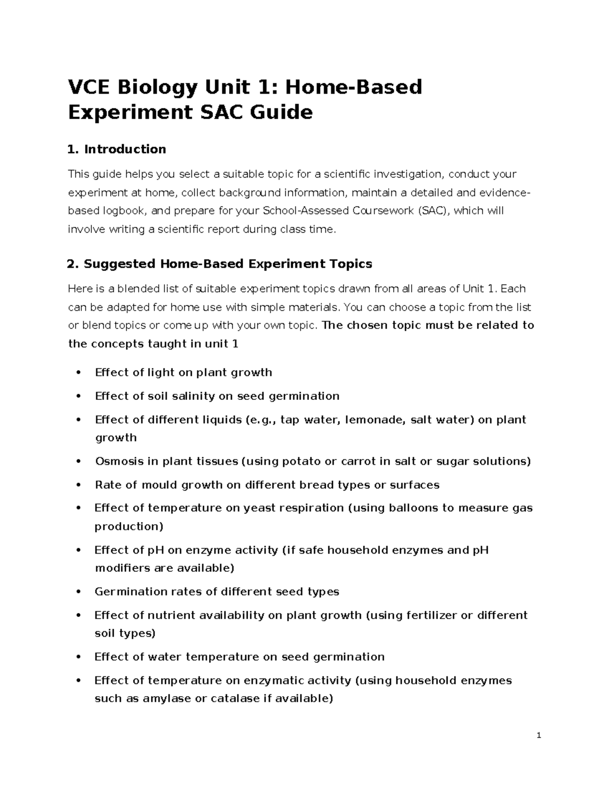 VCE Biology Unit 1: Experiment SAC Guide and Topic Suggestions - Studocu