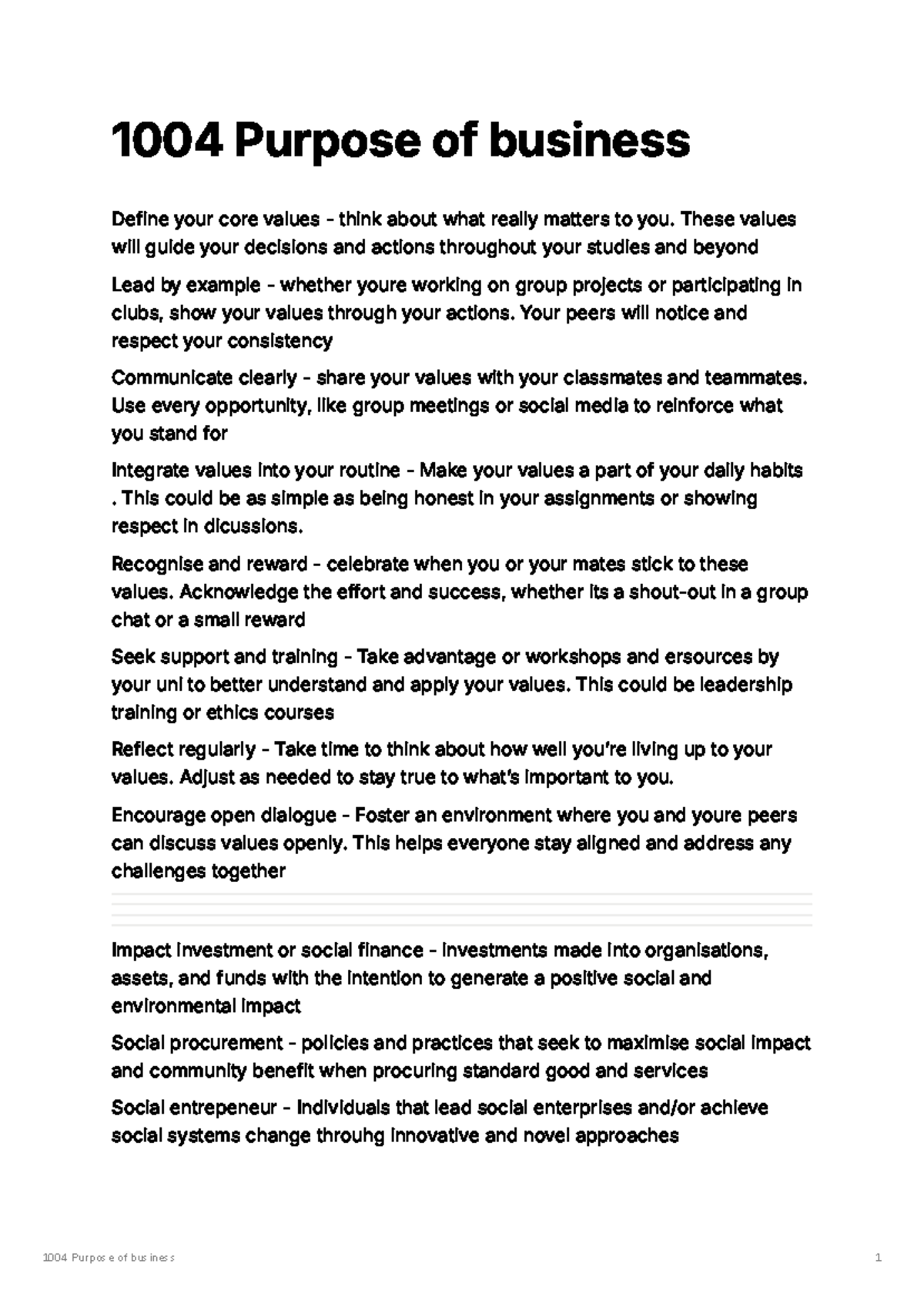 1004 Purpose of Business: Core Values and Social Impact Insights - Studocu