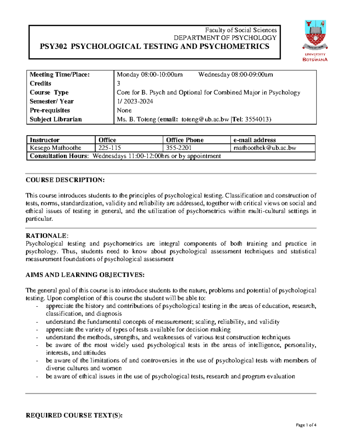 PSY302 - 2023 Course Outline on Psychological Testing & Psychometrics ...
