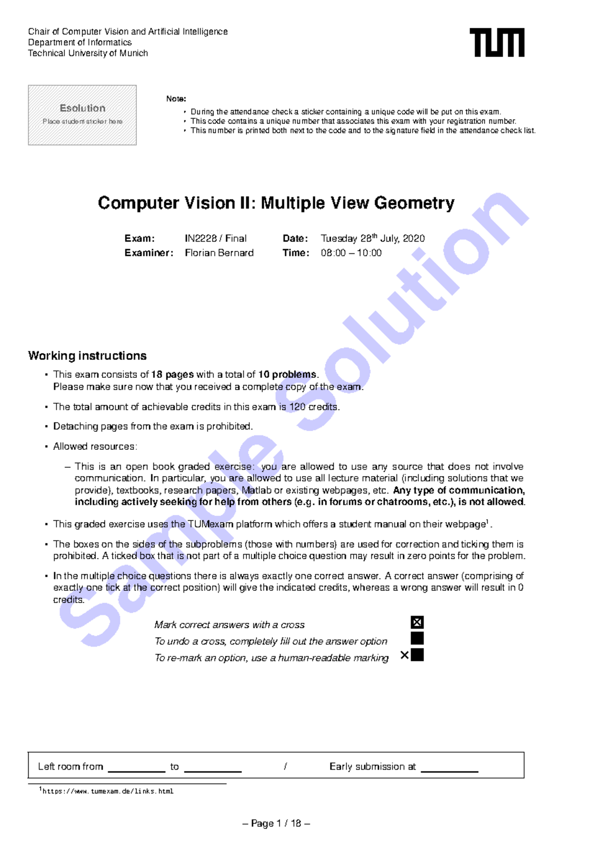 Final Exam Solutions for Computer Vision II (IN2228) - Studocu