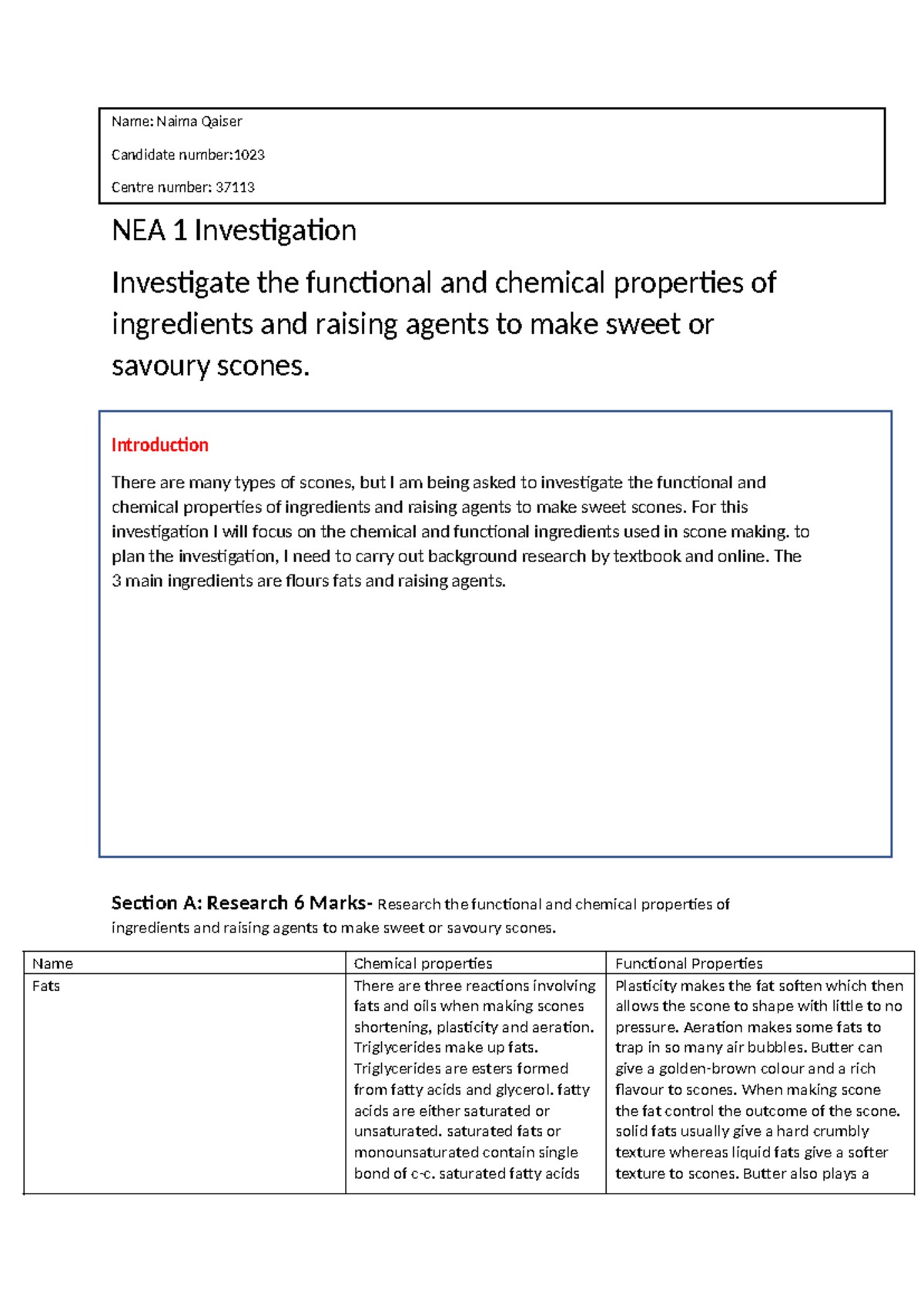 NEA 1 Investigation: Properties of Ingredients for Scone Making - Studocu