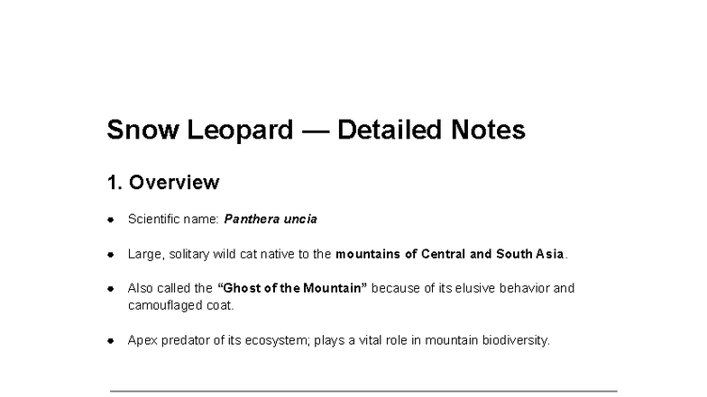 Detailed Notes on Snow Leopards: Biology & Conservation Insights - Studocu