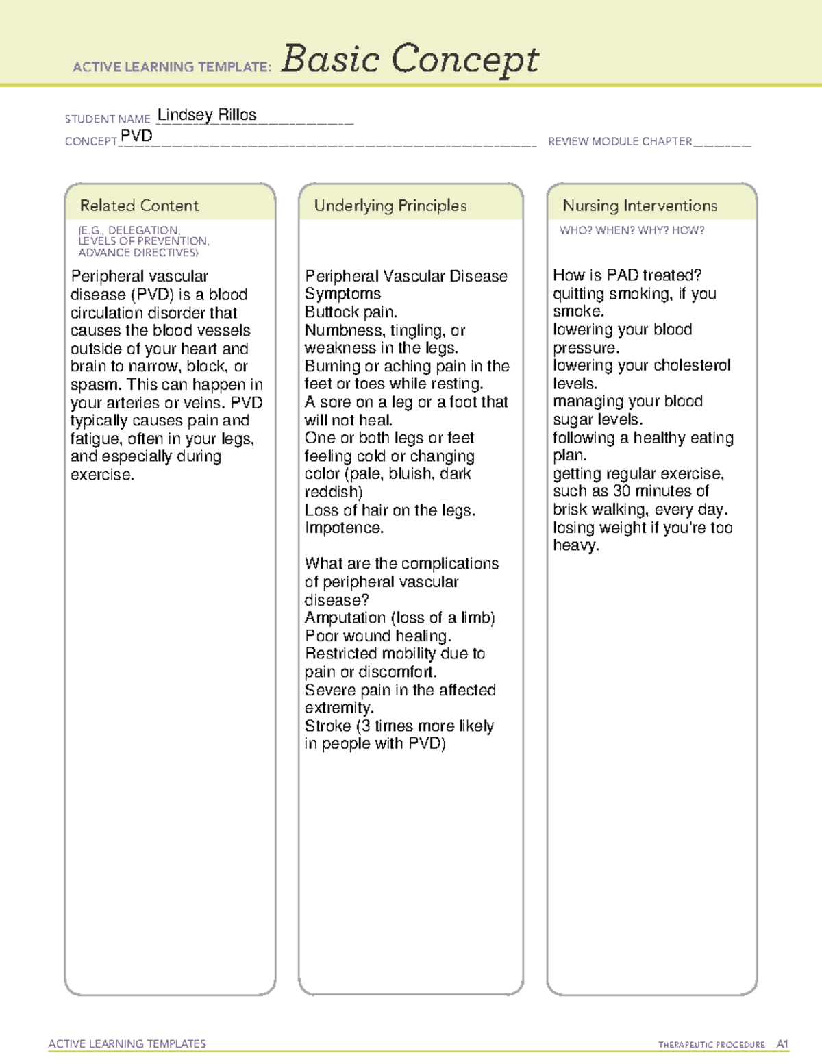 PVD - Active Learning Template: Therapeutic Procedures in PVD - Studocu