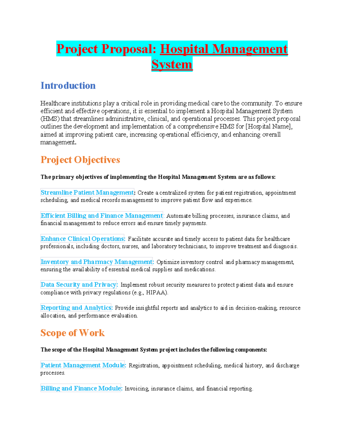Project Proposal: Comprehensive Hospital Management System (HMS) - Studocu