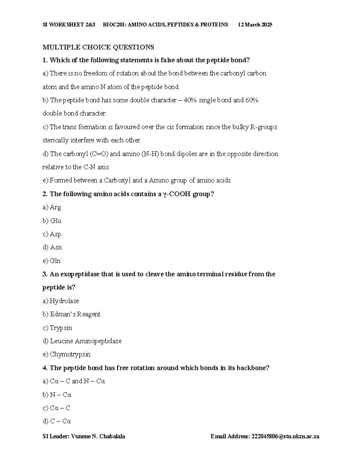 BIOC201 Worksheet 2 & 3 ( Vunene) - MULTIPLE CHOICE QUESTIONS 1. Which of the following ...