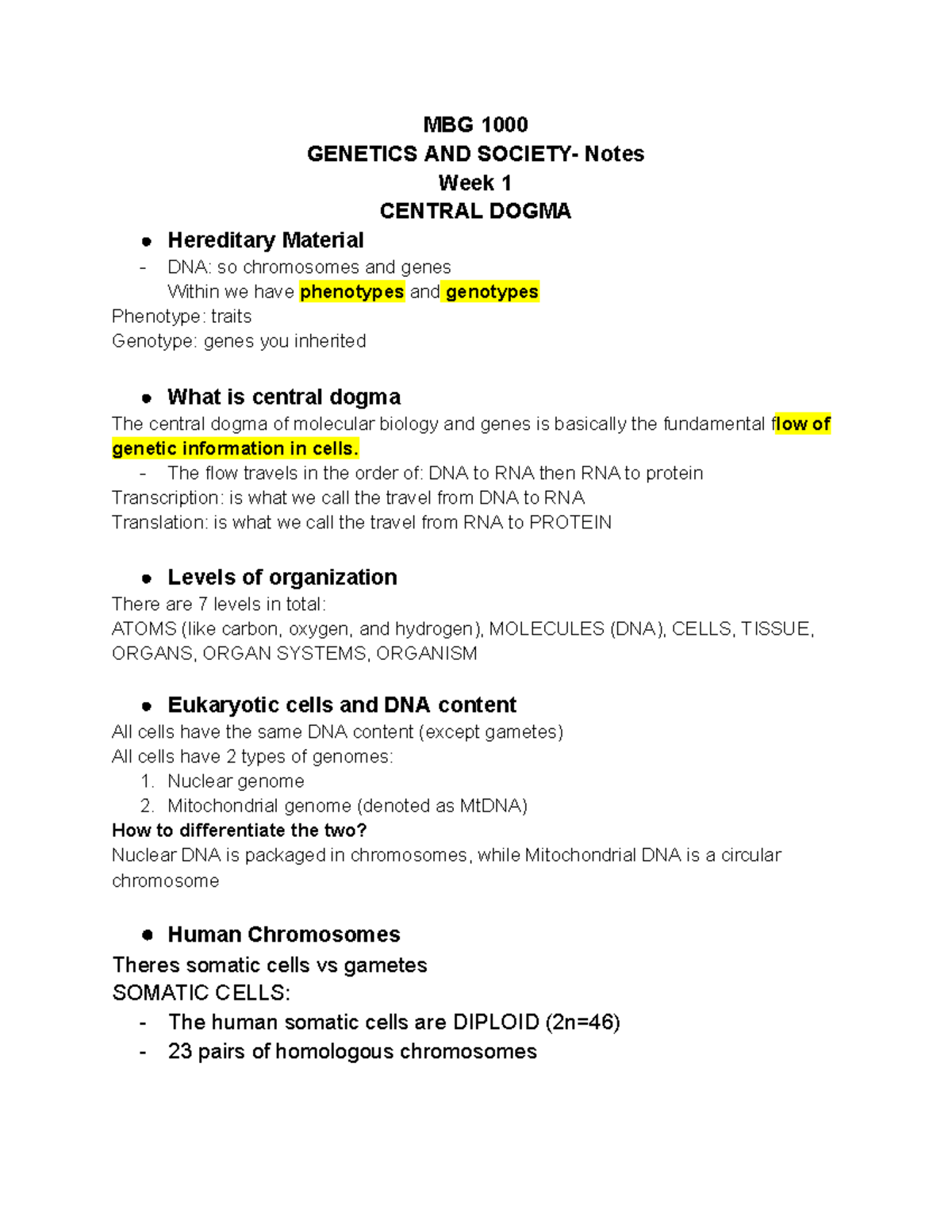 MBG 1000: Lecture Notes on Central Dogma of Molecular Biology - Studocu