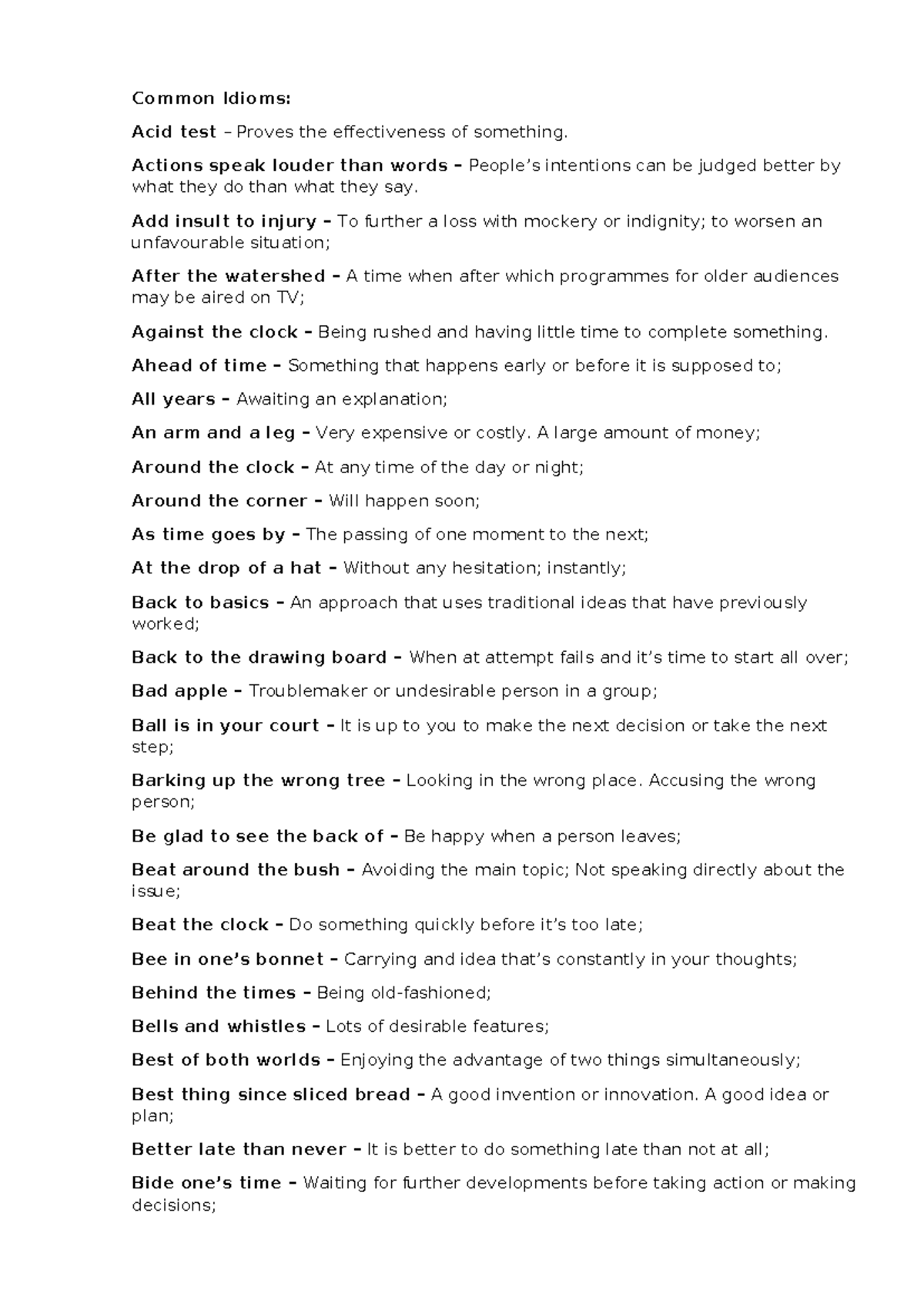 Common Idioms: Understanding Their Meanings and Usage - Studocu